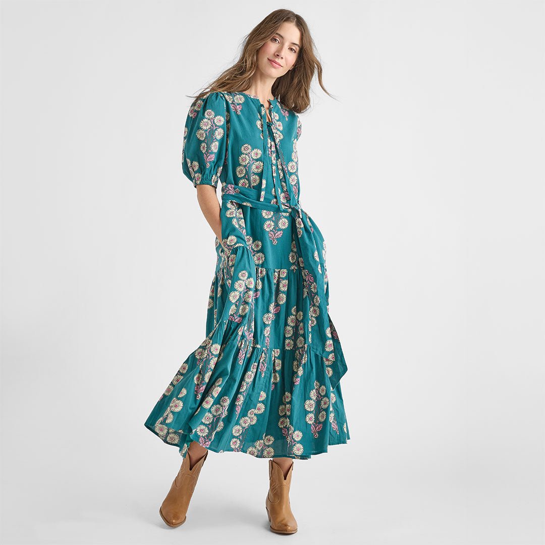 Womens Pintuck Indira Dress - Evergreen Buttercup Floral Pink Chicken
