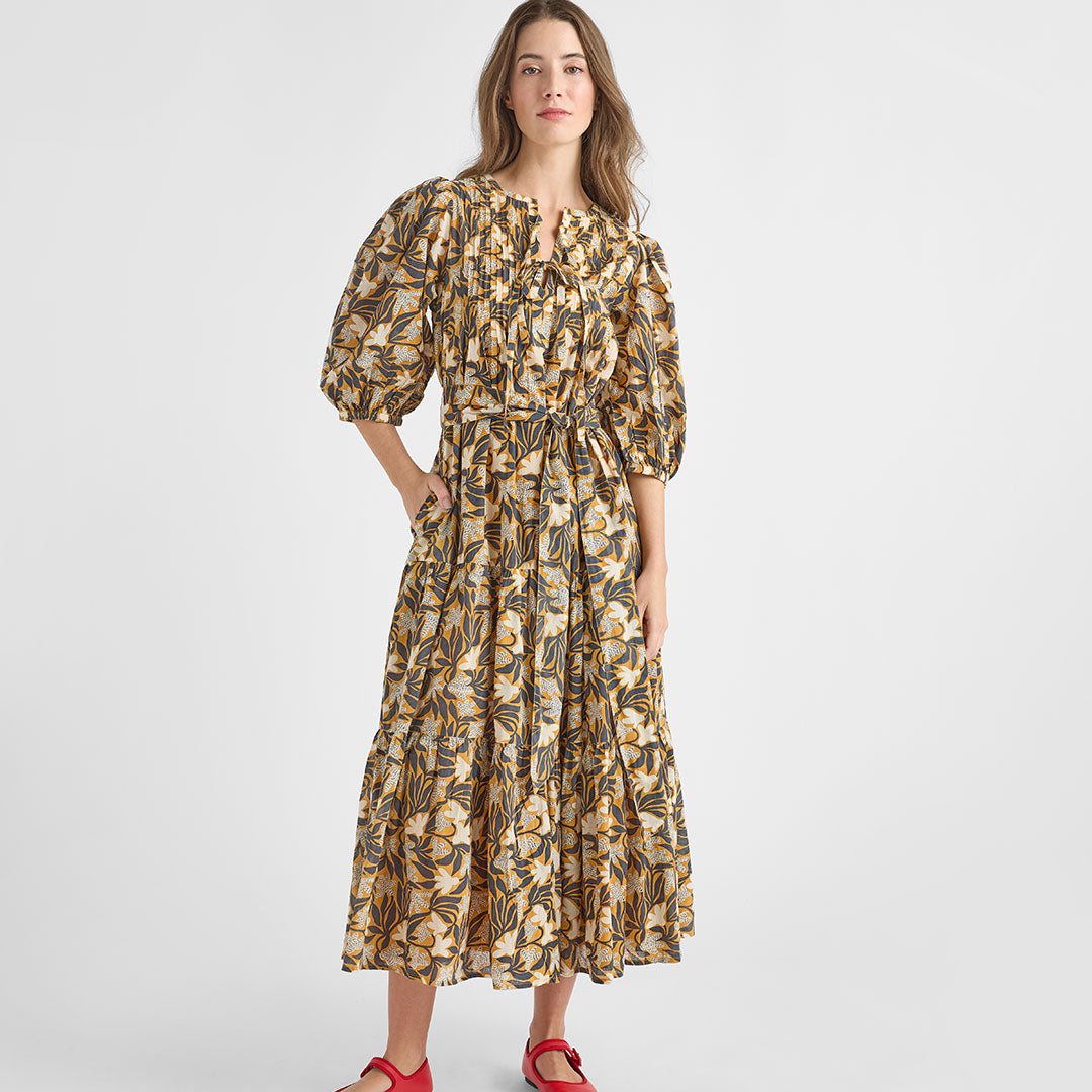 Womens Pintuck Indira Dress - Gold Wax Floral – Pink Chicken